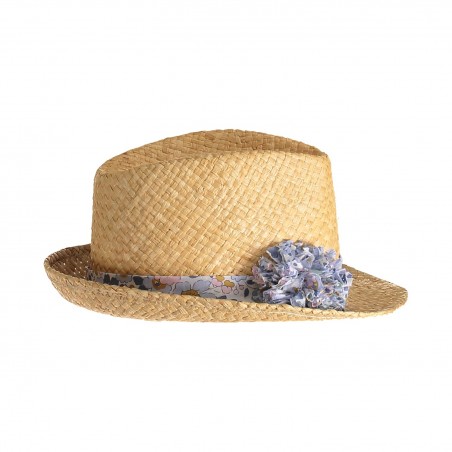 Straw hat with Liberty Betsy Denim pom | handmade with care in Italy
